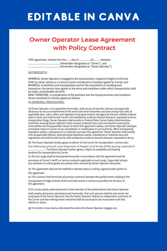 Owner Operator Lease Agreement With Policy Contract Owner - Etsy