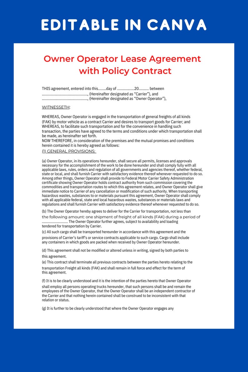 Owner Operator Lease Agreement With Policy Contract, Owner Operator ...