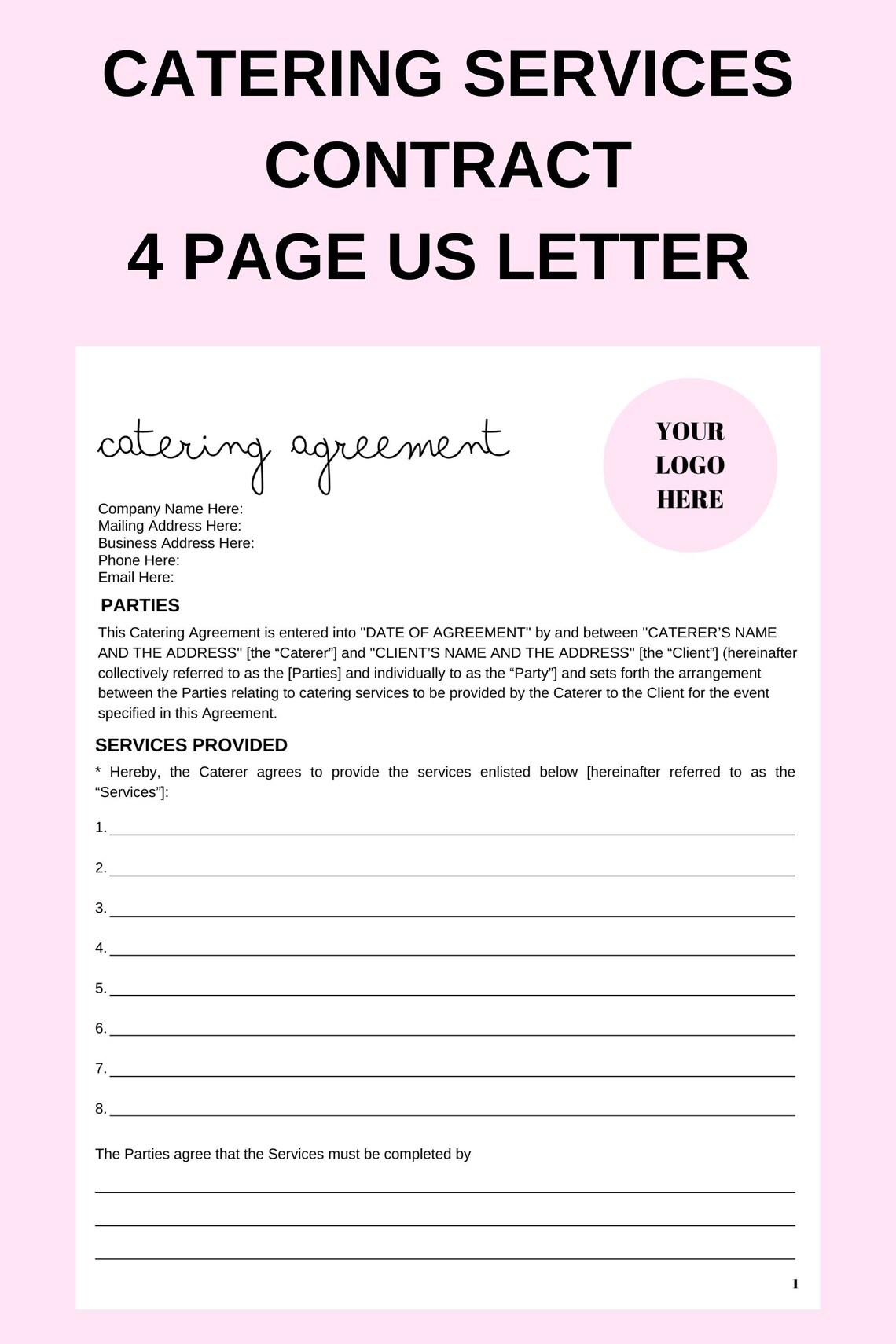 DIY Catering Services Contract Agreement, Editable Printable 4 Page ...