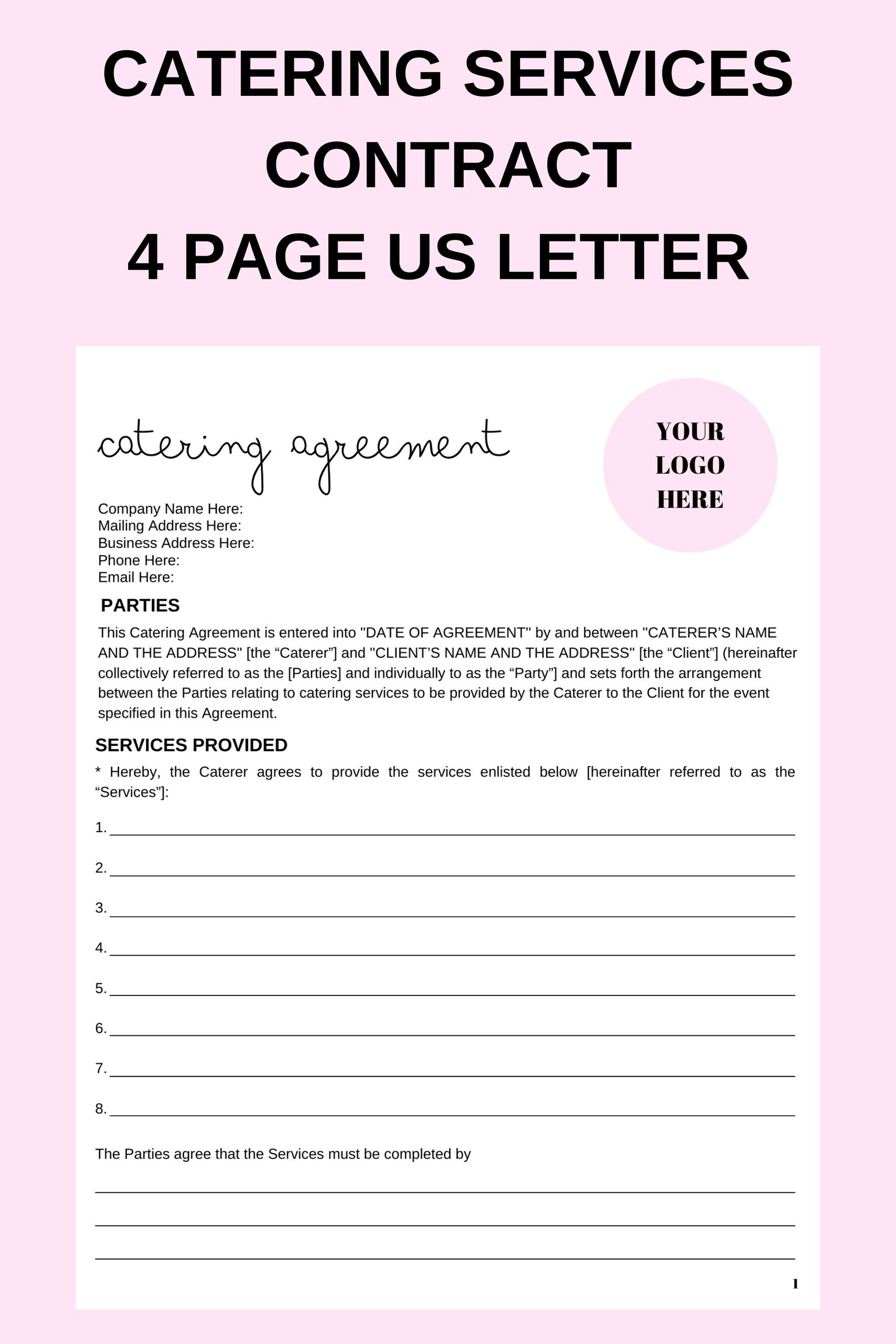 DIY Catering Services Contract Agreement, Editable Printable 4 Page ...