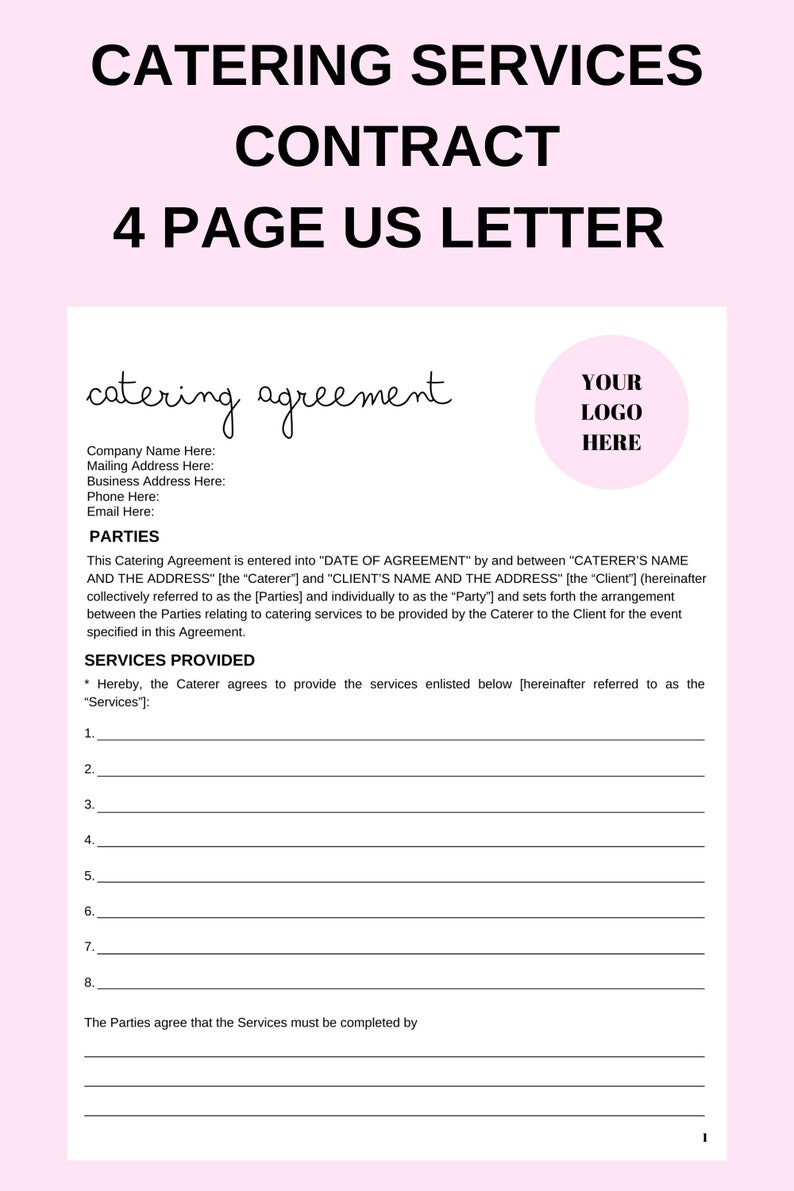 DIY Catering Services Contract Agreement, Editable Printable 4 Page ...