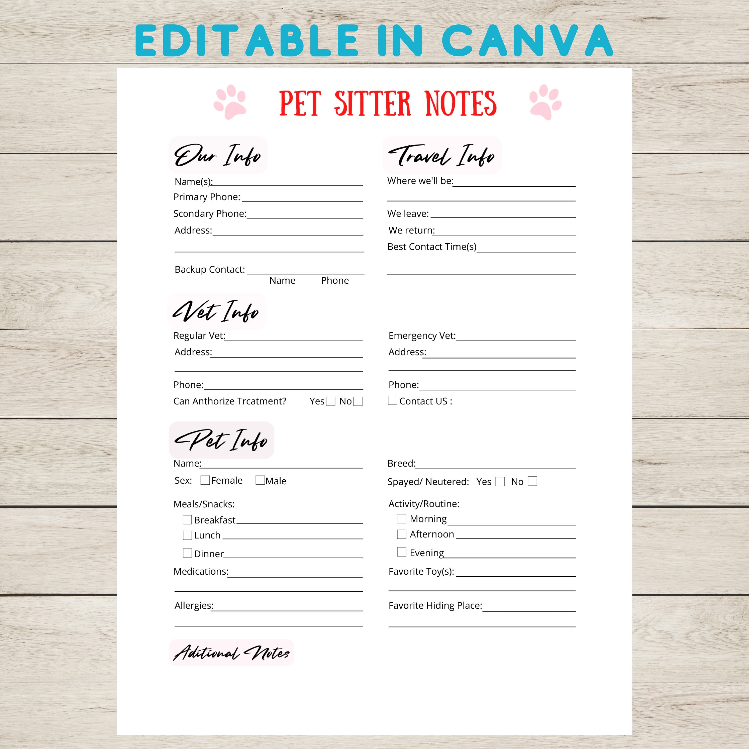 Pet Sitter Notes Printable Canva Template , Owner Info Template, Daily ...