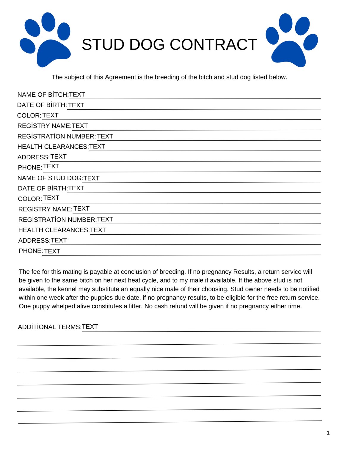 Stud Dog Owner Breeding Contract, Editable Canva Template, Instant ...