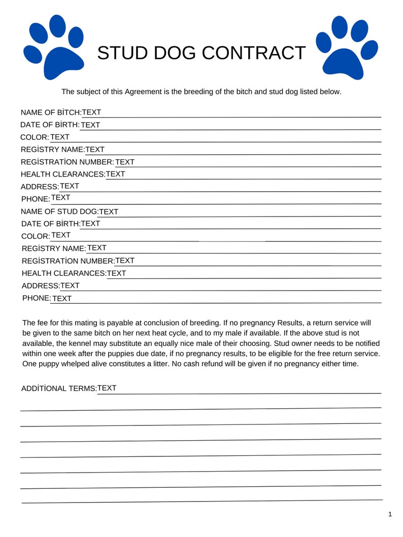 Stud Dog Owner Breeding Contract, Editable Canva Template, Instant ...