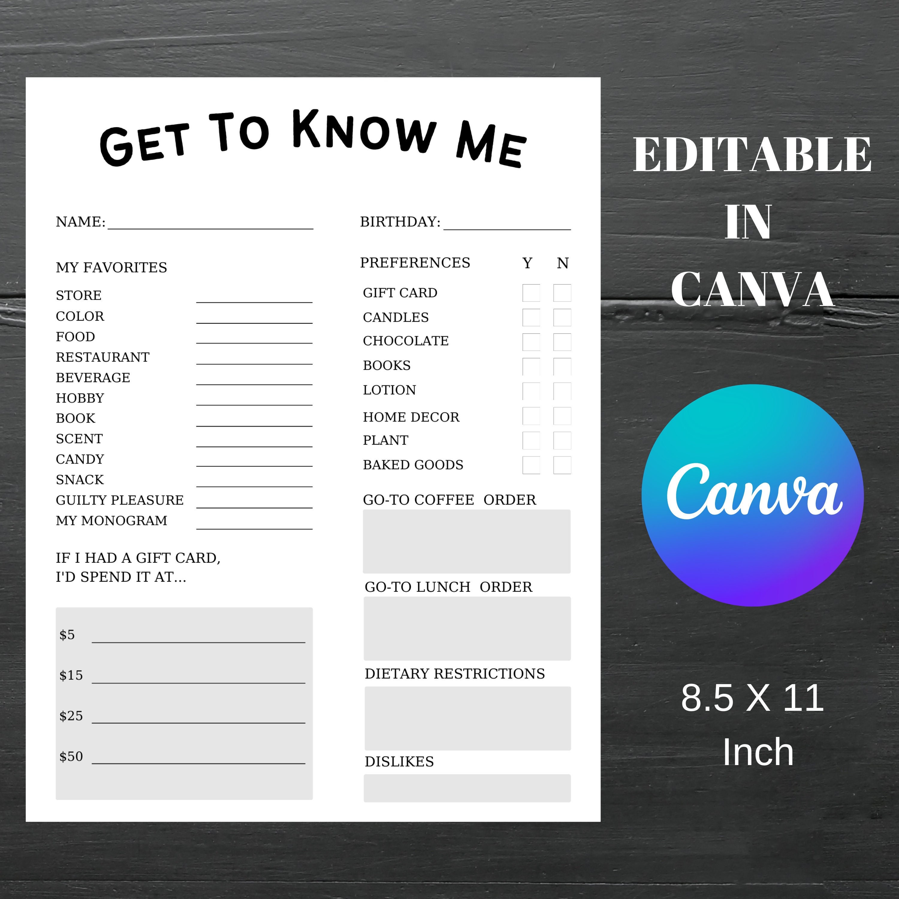 Get to Know Me Survey Template, Editable Canva Blank PDF, Icebreaker ...