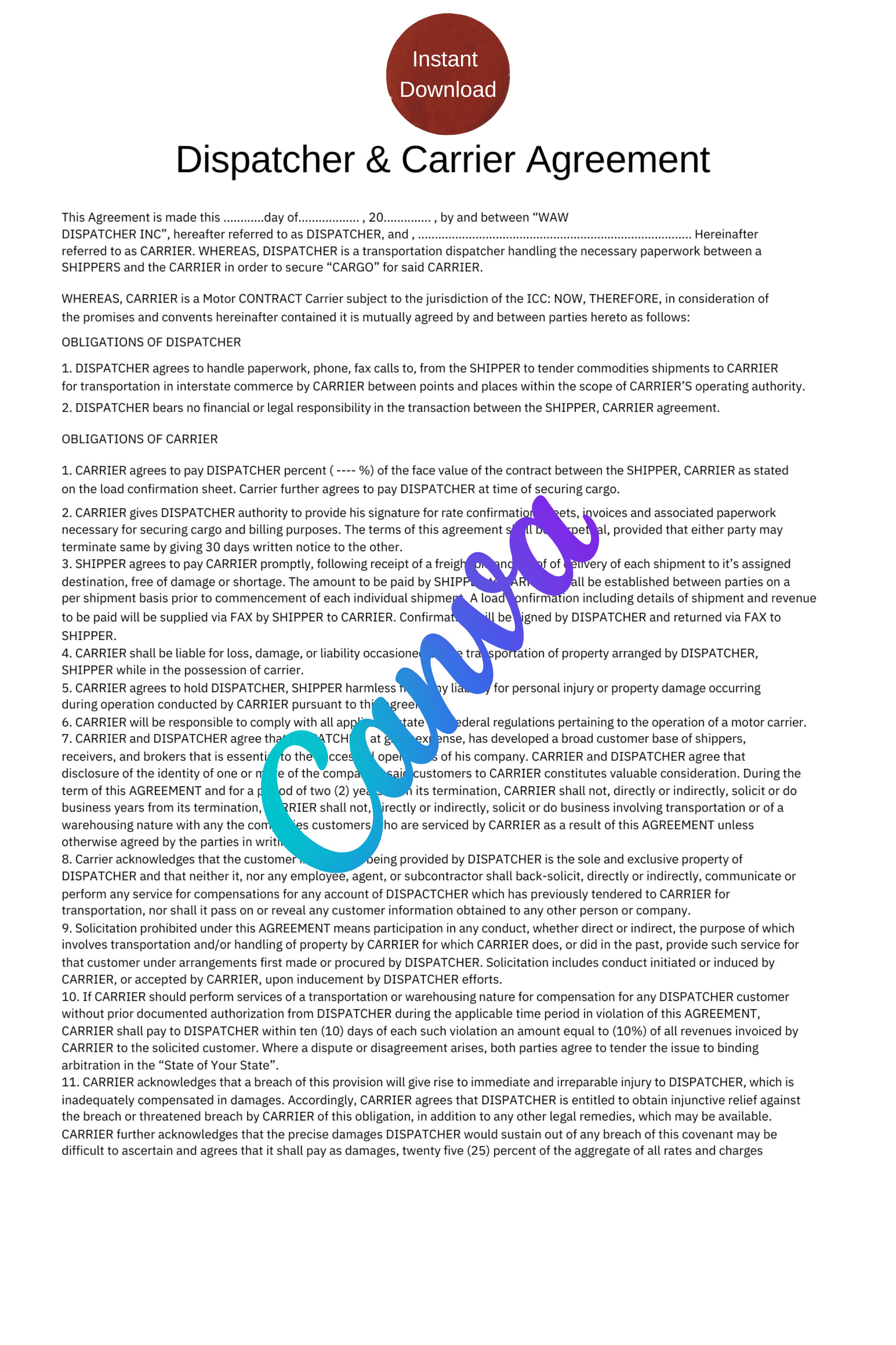 Freight Dispatch Carrier Contract: DIY Canva Template (instant Download ...