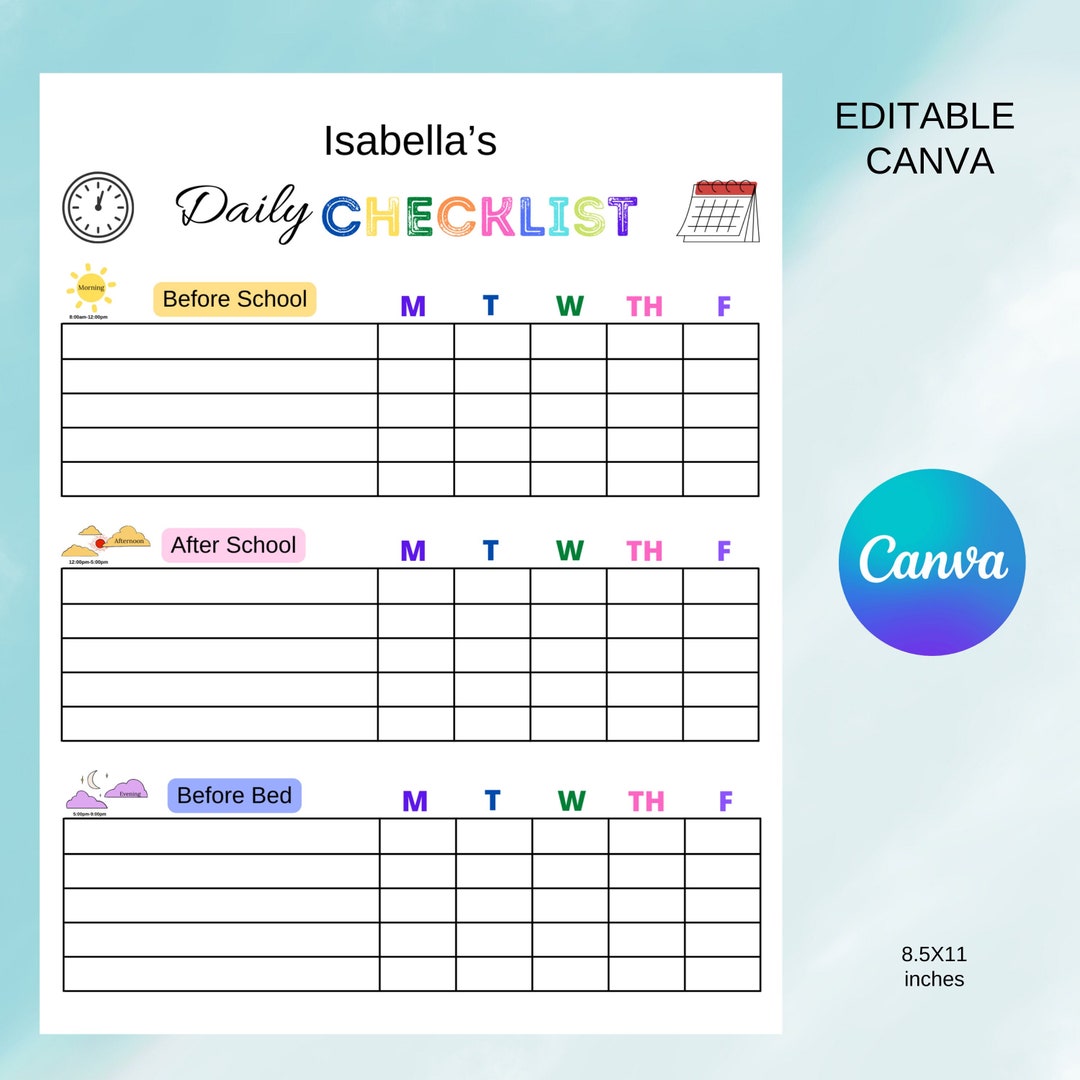 Editable Daily Checklist for Kids, Kids Responsibility Chart, to Do ...
