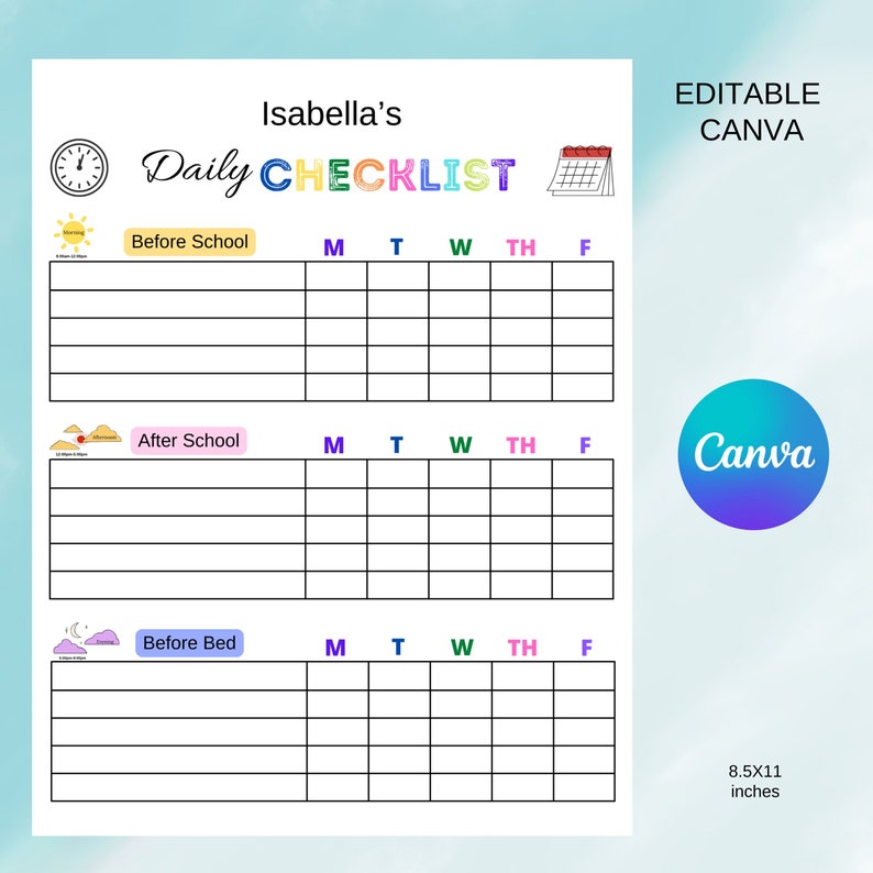 Editable Daily Checklist for Kids, Kids Responsibility Chart, to Do ...