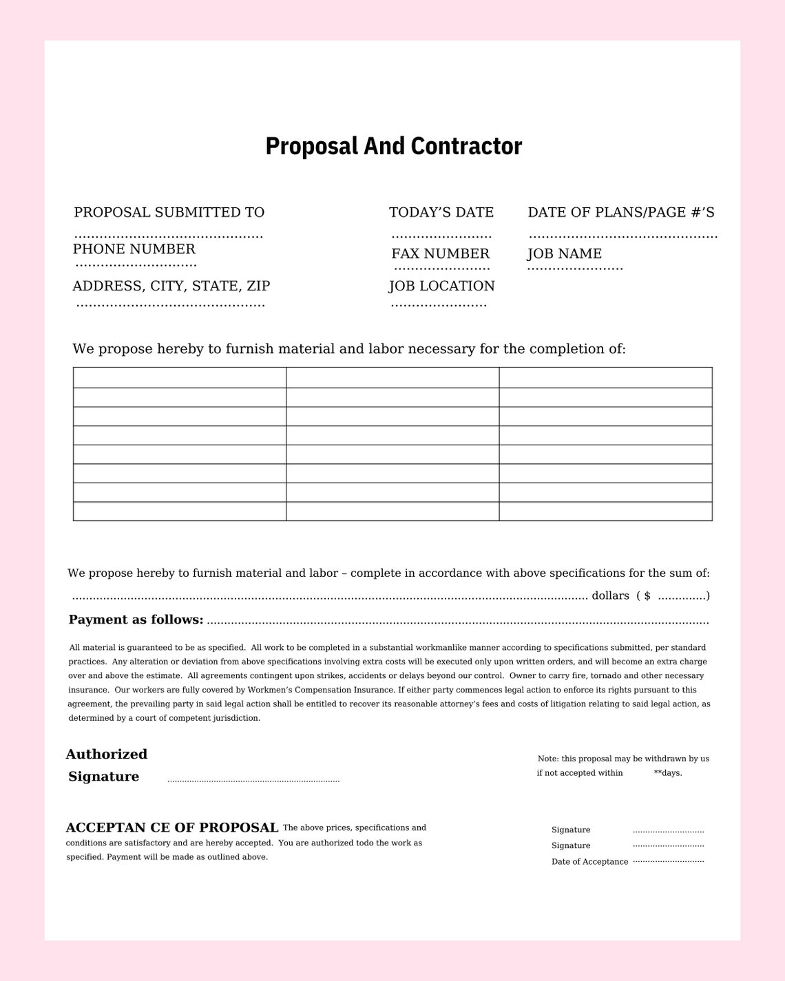 Contract Template, Printable Proposal, Contract Form,business Form
