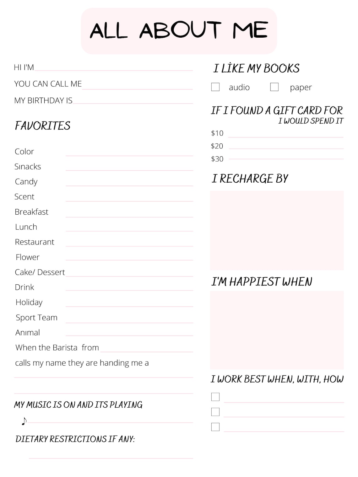 All About Me, Co-worker Questions CANVA Template, Personalized, Digital ...