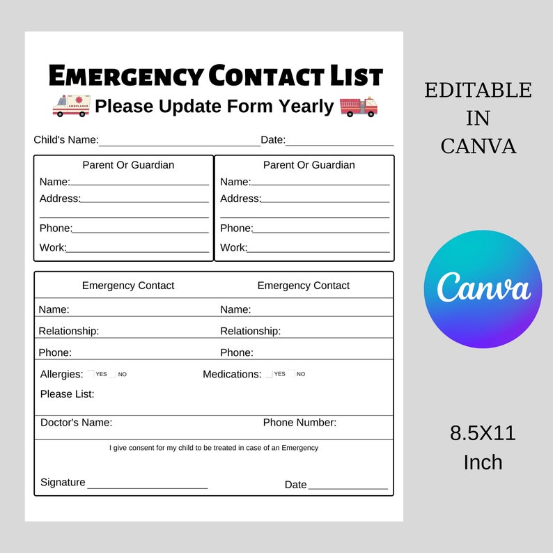 DIY Emergency Contact Form, Daycare Forms, Preschool Forms, Center ... DIY Emergency Contact Form, Daycare Forms, Preschool Forms, Center ...