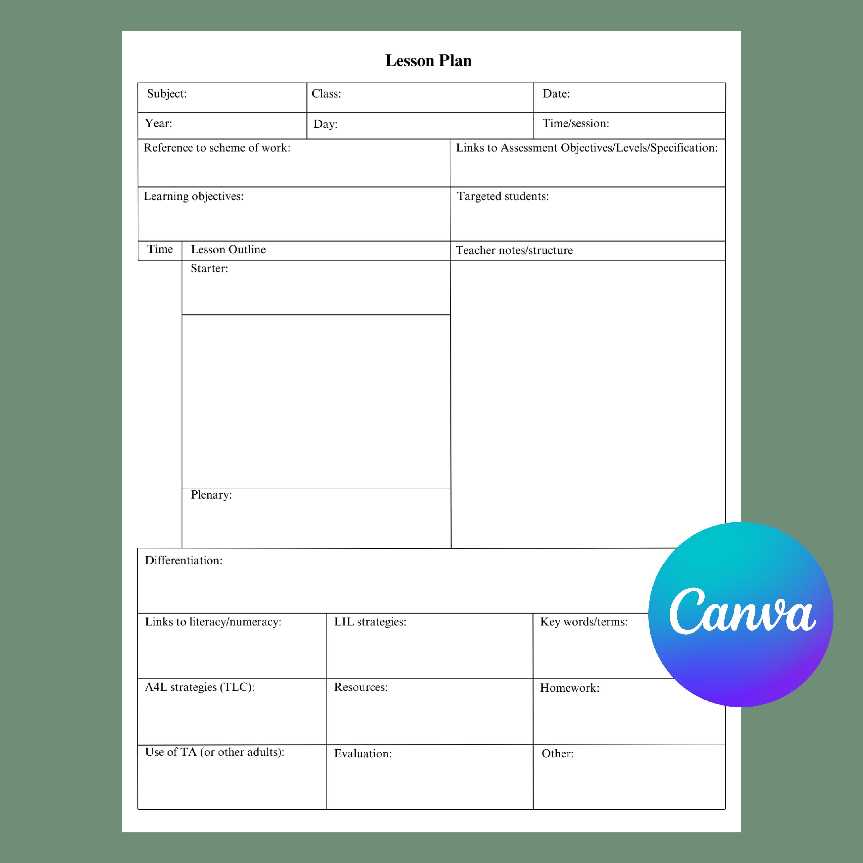 Editable Lesson Plan Template: Printable Teacher Planner (digital ...