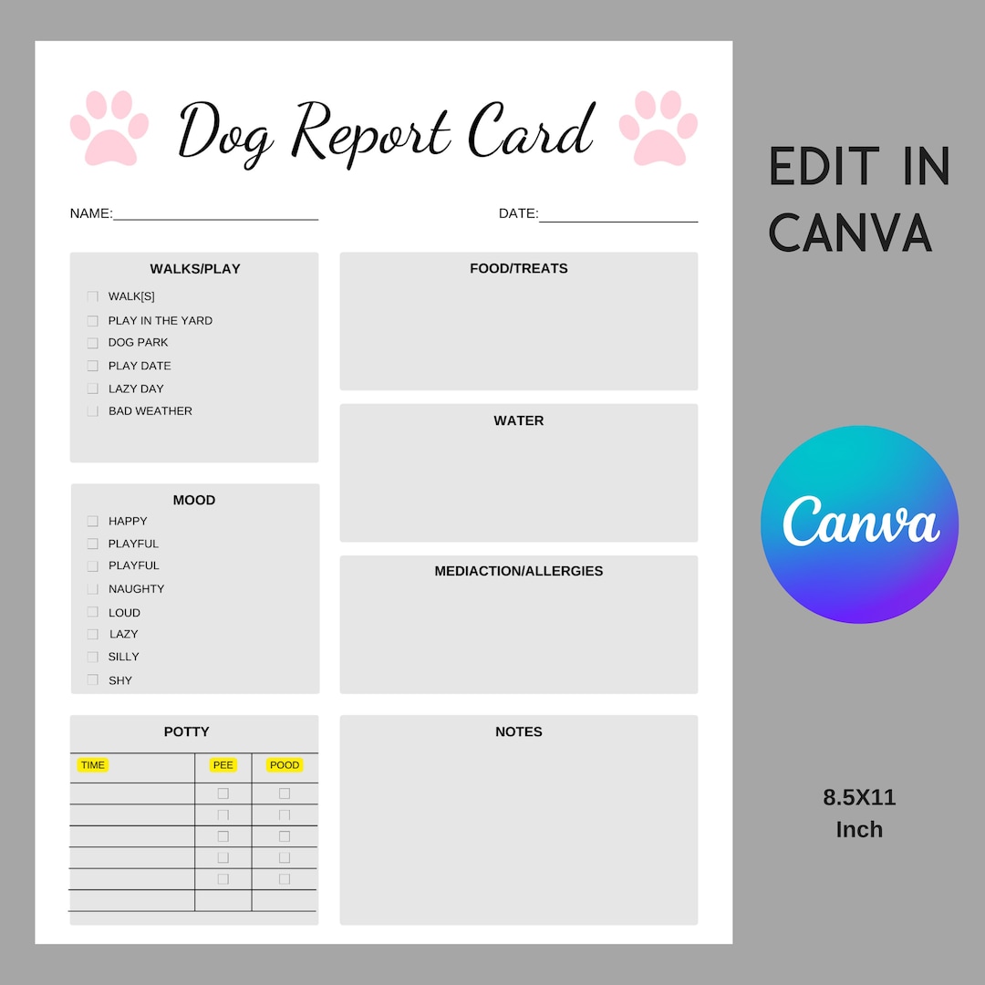 EDITBALE Dog Report Card, Canva Template,dog Sitter Checklist, Pet ...