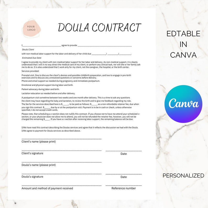Editable Doula Client Contract Template: DIY Doula Forms (canva) - Etsy