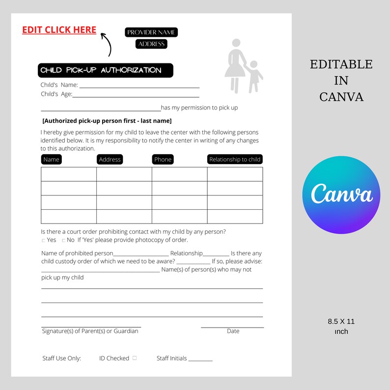 DIY Child Pick-up Form, Authorized Pick-up, Perfect for Daycare ...
