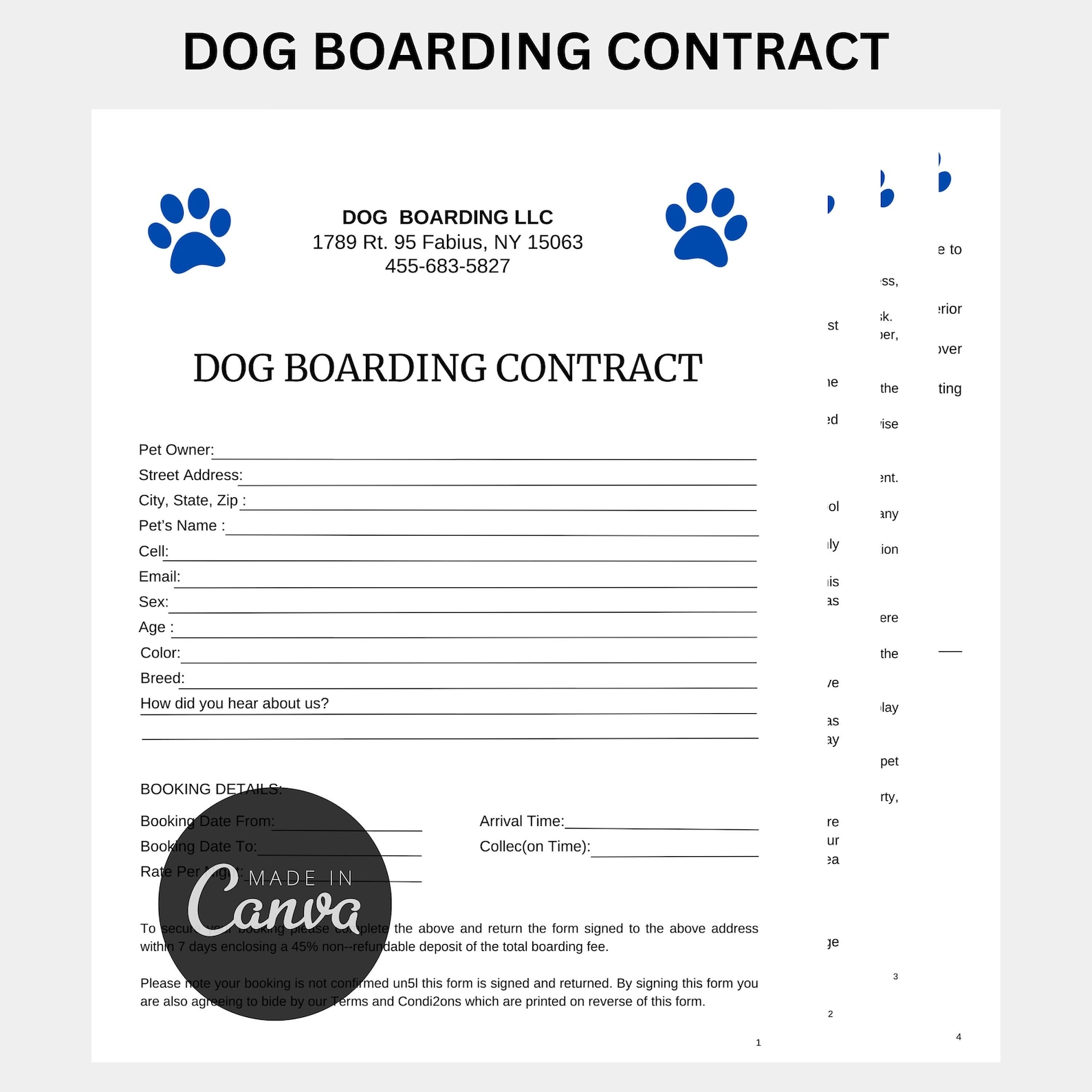 Dog Boarding Contract Template: Editable Service Agreement (canva, 8 ...