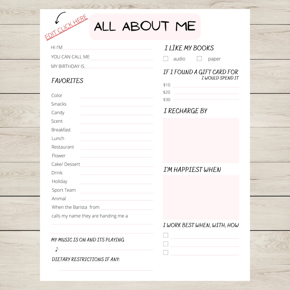 All About Me, Co-worker Questions CANVA Template, Personalized, Digital ...