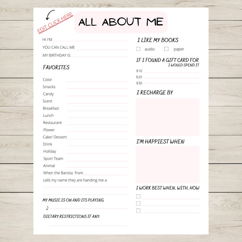 All About Me, Co-worker Questions CANVA Template, Personalized, Digital ...