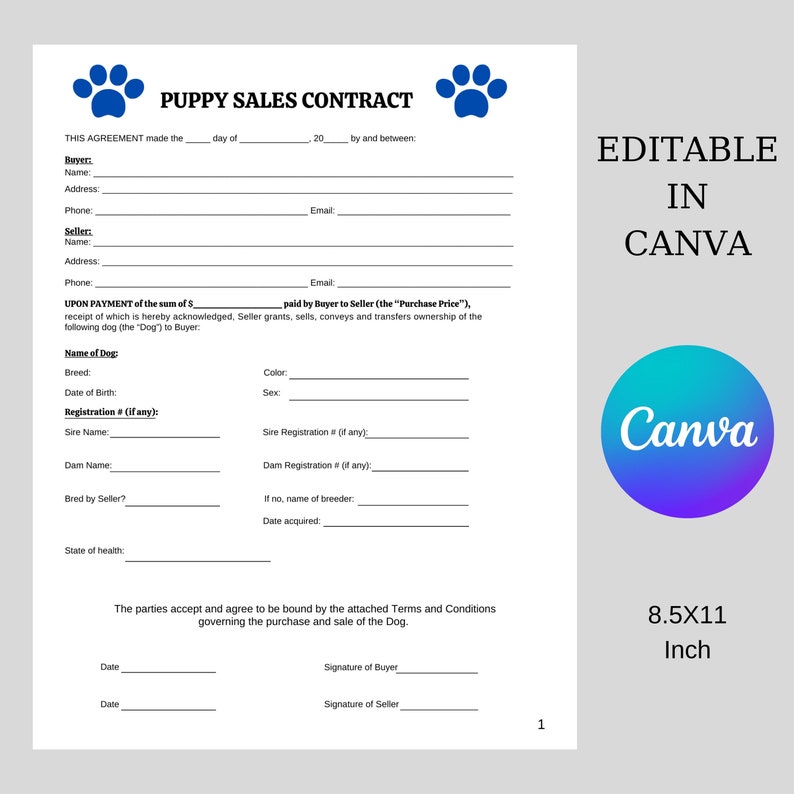 DIY Puppy Sales Contract, Personalised Puppy Canva Template, Puppy ...