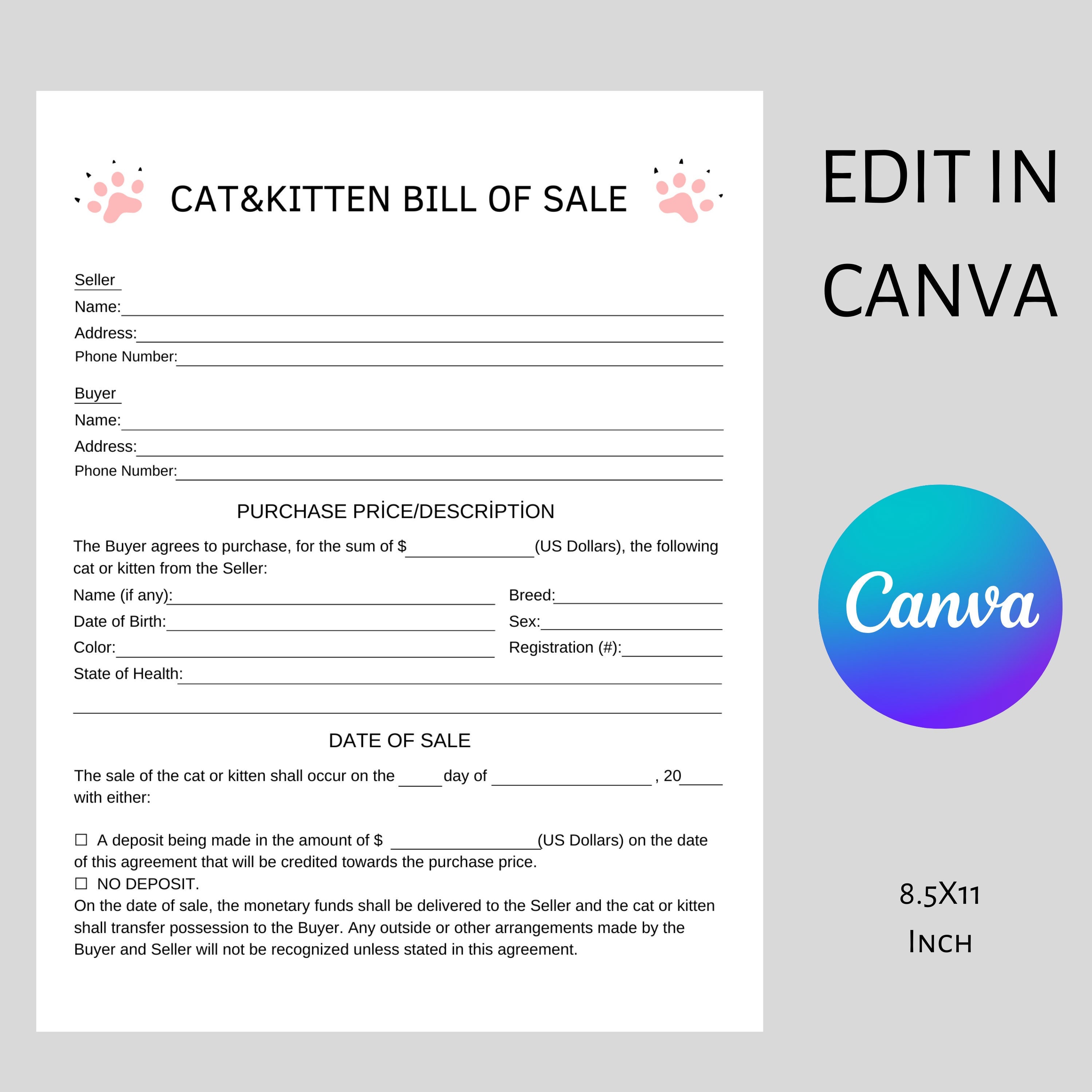 EDITABLE Cat Kitten Bill of Sale Form Canva Template - Etsy