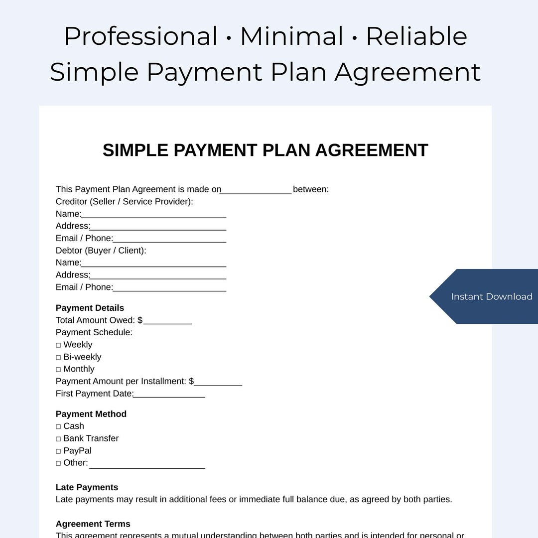 Simple Payment Plan Agreement – Editable & Easy to Use - Etsy