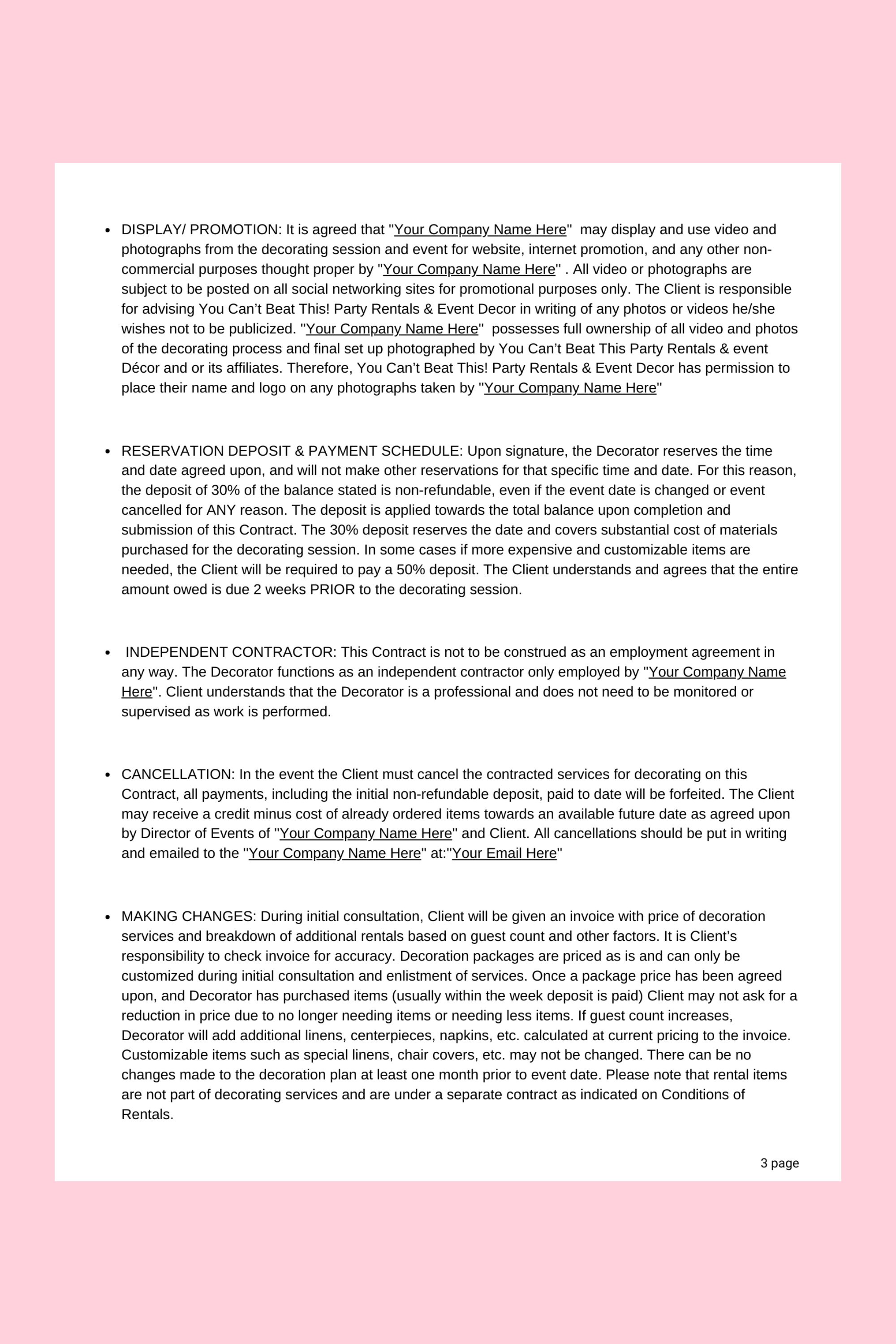 DIY Event Decorating Services Contract Agreement, EDİTABLE Printable ...