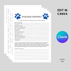 Stud Dog Owner Breeding Contract, Editable Canva Template, Instant ...