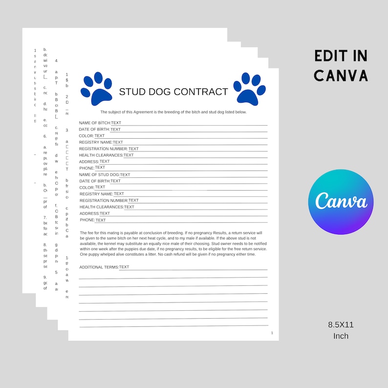 Stud Dog Owner Breeding Contract, Editable Canva Template, Instant ...
