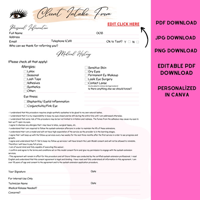 EDITABLE Eyelash Extension Consent Form New Client Intake - Etsy Australia
