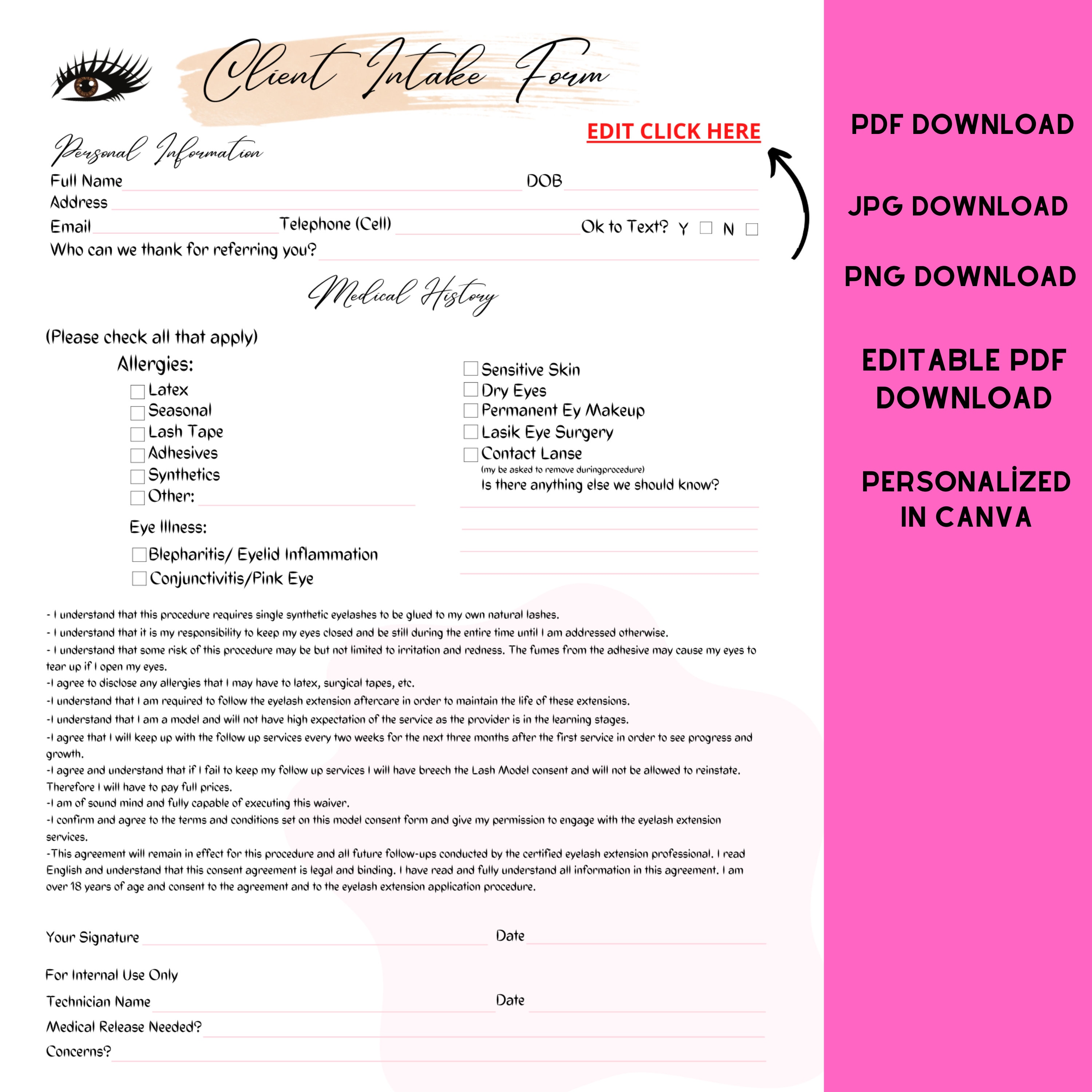 EDITABLE Eyelash Extension Consent Form New Client Intake - Etsy Australia