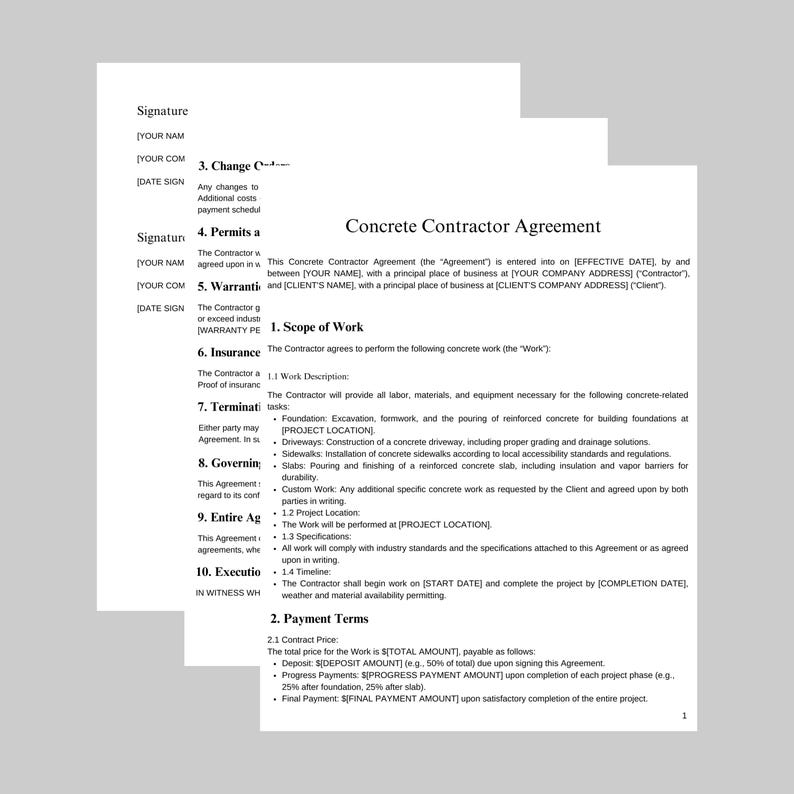 Concrete Contractor Agreement Template, Customizable Business Forms ...