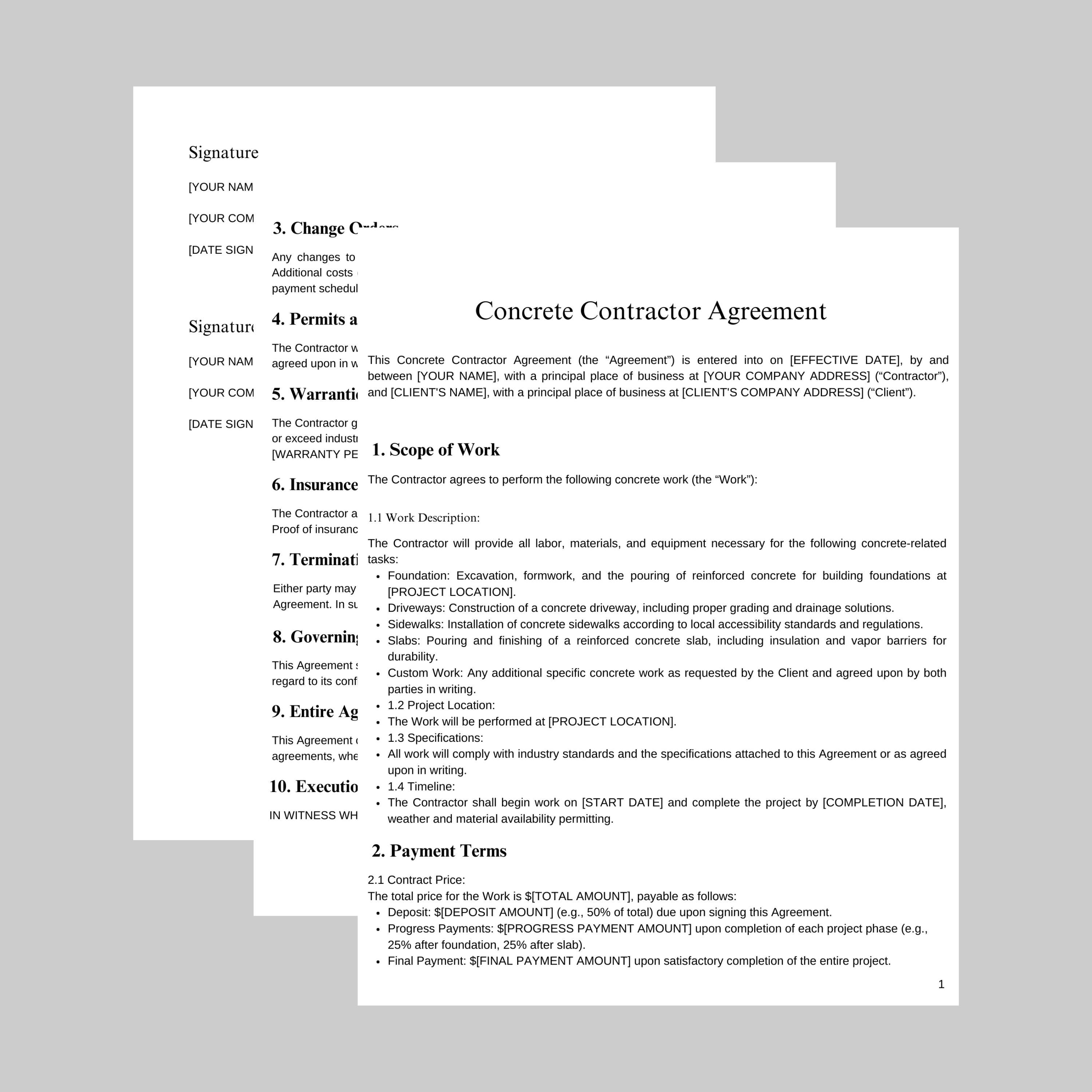 Concrete Contractor Agreement Template, Customizable Business Forms ...