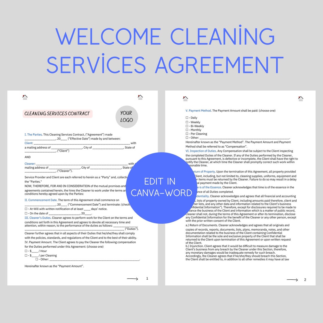 EDITABLE Cleaning Services Agreement - Cleaning Services Contract Canva ...