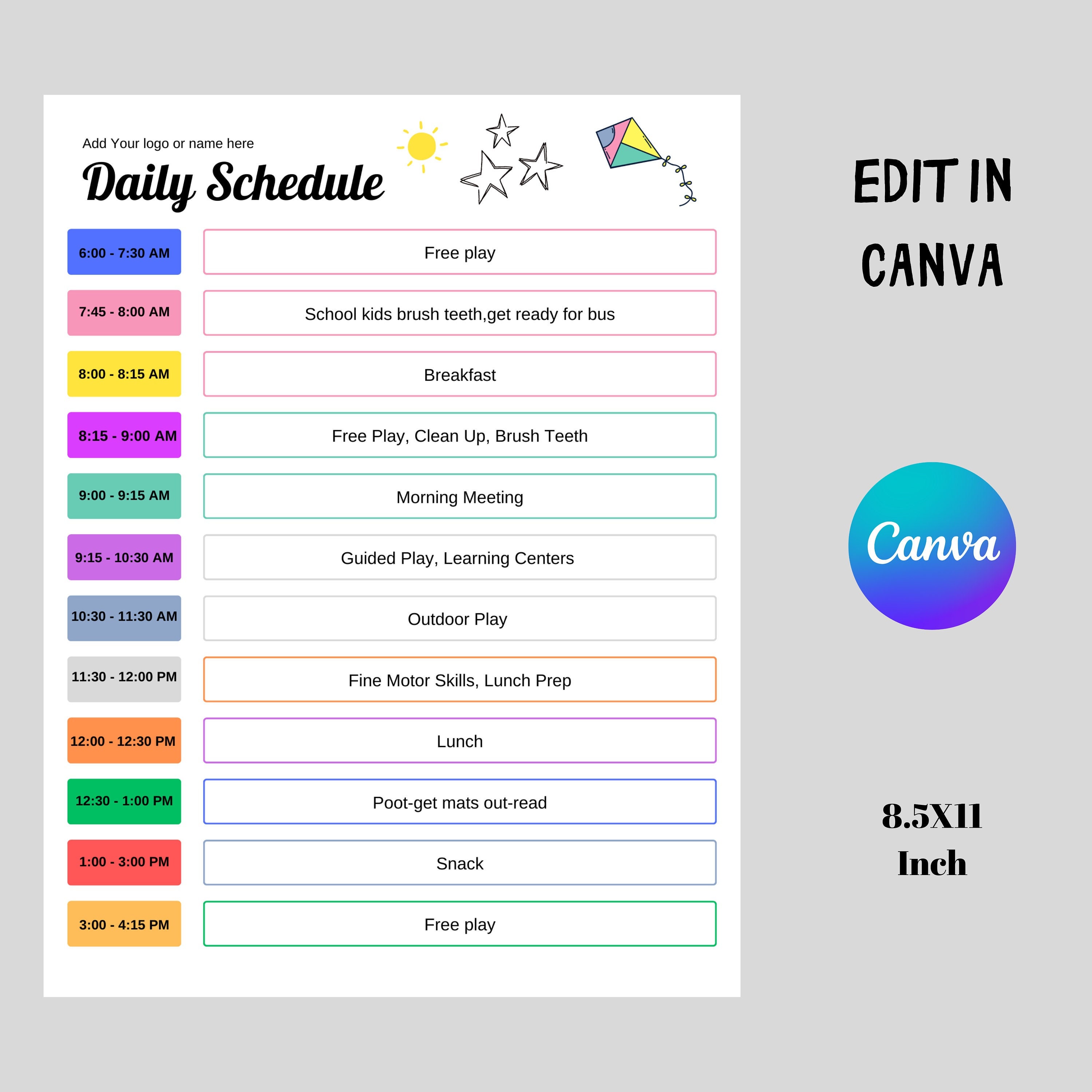 Daily Daycare Schedule, Canva Template, Fully Customizable, Edıtable ...