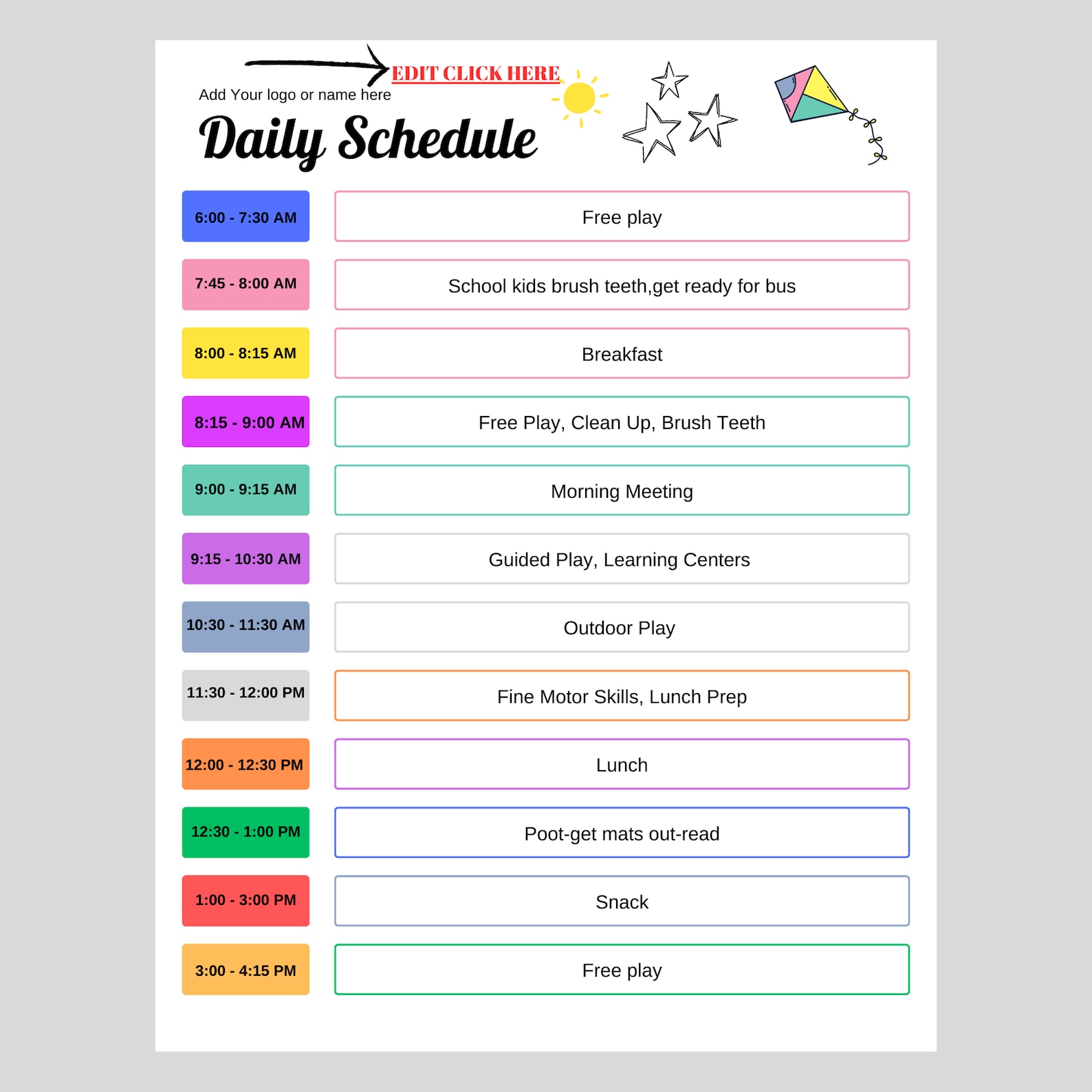 Daily Daycare Schedule, Canva Template, Fully Customizable, Edıtable ...