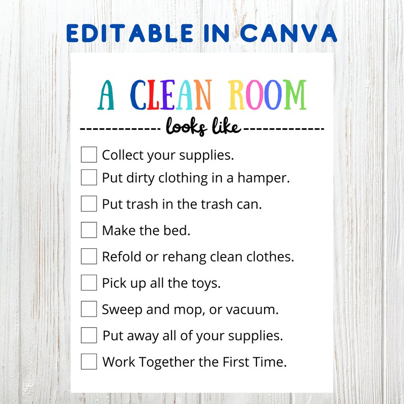 Kids Room Cleaning Checklist: Chore Chart Canva Template (printable PDF ...