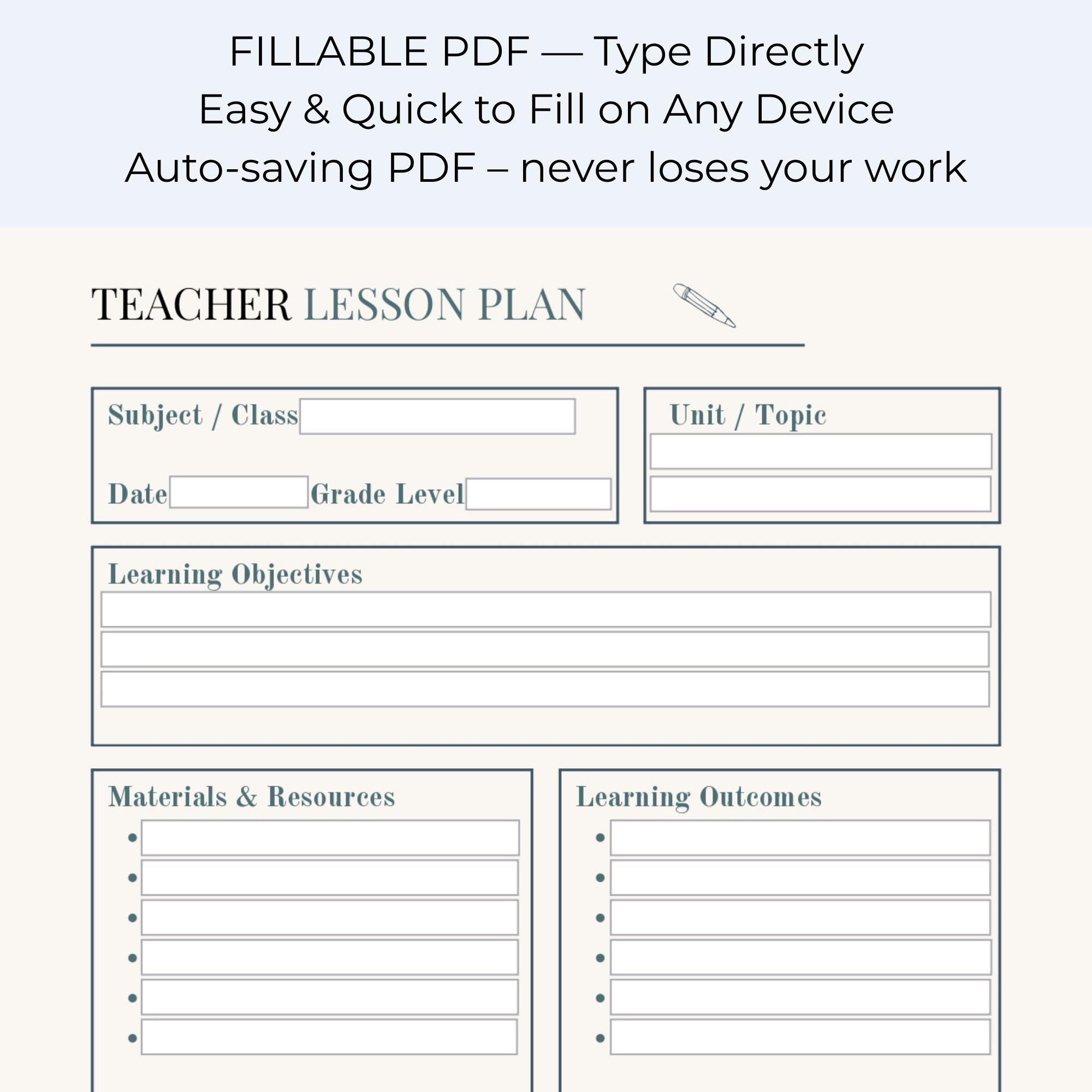 Teacher Lesson Plan Template | Printable Fillable PDF, A4 & US Letter ...
