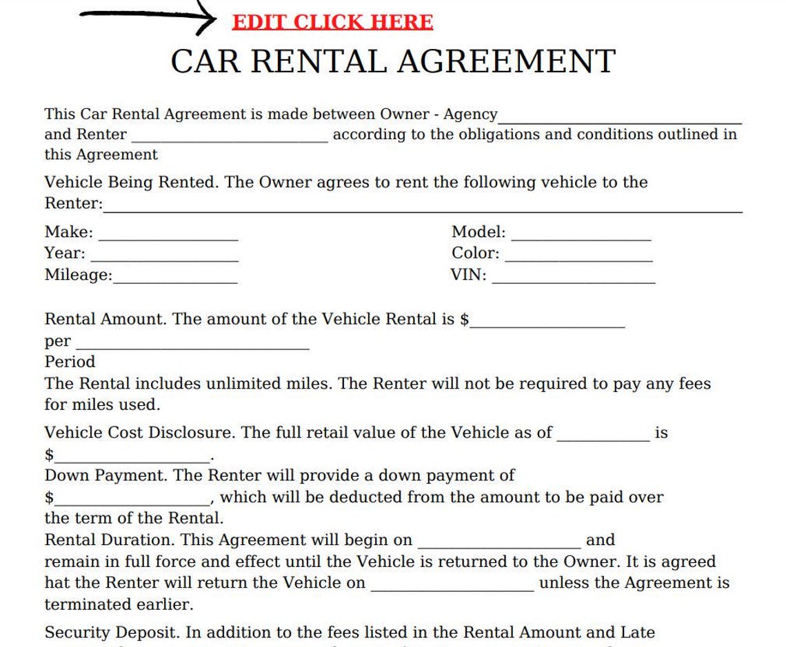 Car Rental Contract Canva Template, PDF, Simple Single Page - Etsy