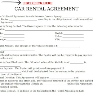 Car Rental Contract Canva Template, PDF, Simple Single Page - Etsy