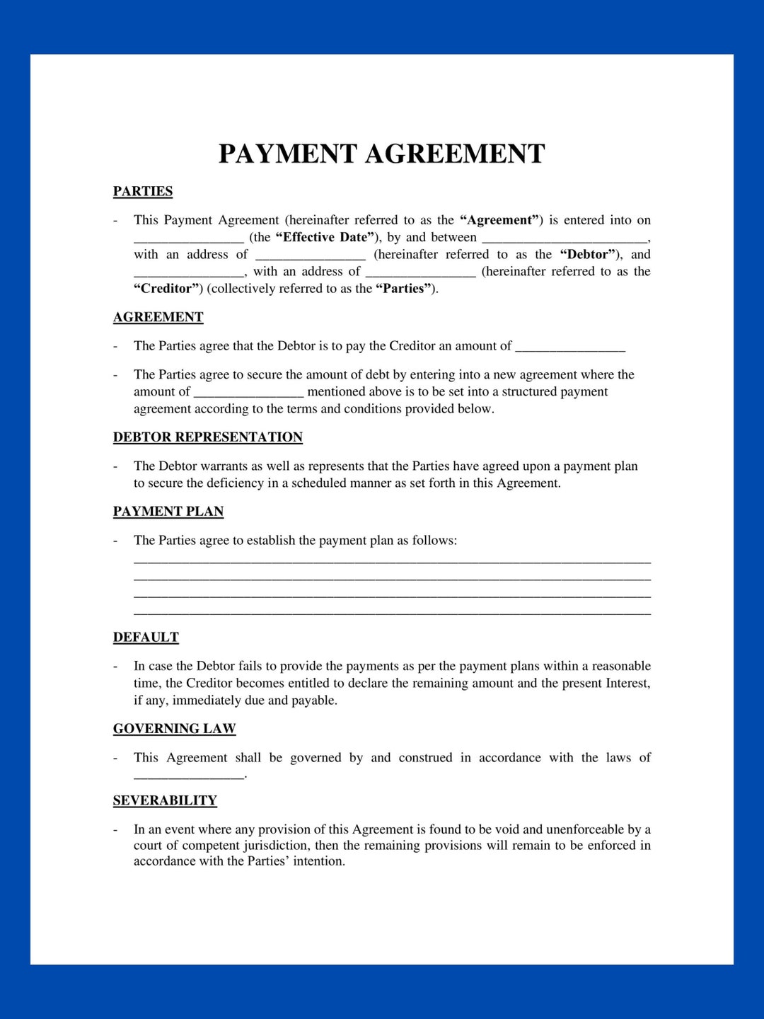 Payment Contract Template,pdfs, Payment Agreement Template, Easy to ...