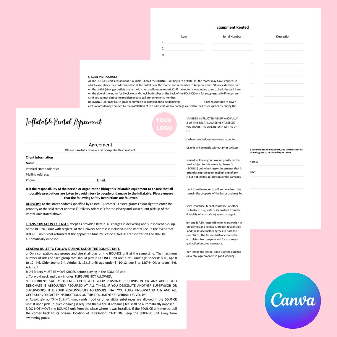 DIY Inflatable Rental Contract Agreement, 3 Page, Canva EDITABLE ...