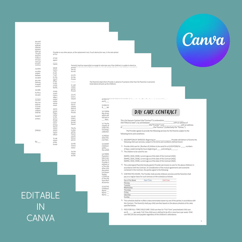 Daycare Contract: Fully Editable Child Care Enrollment Contract ...