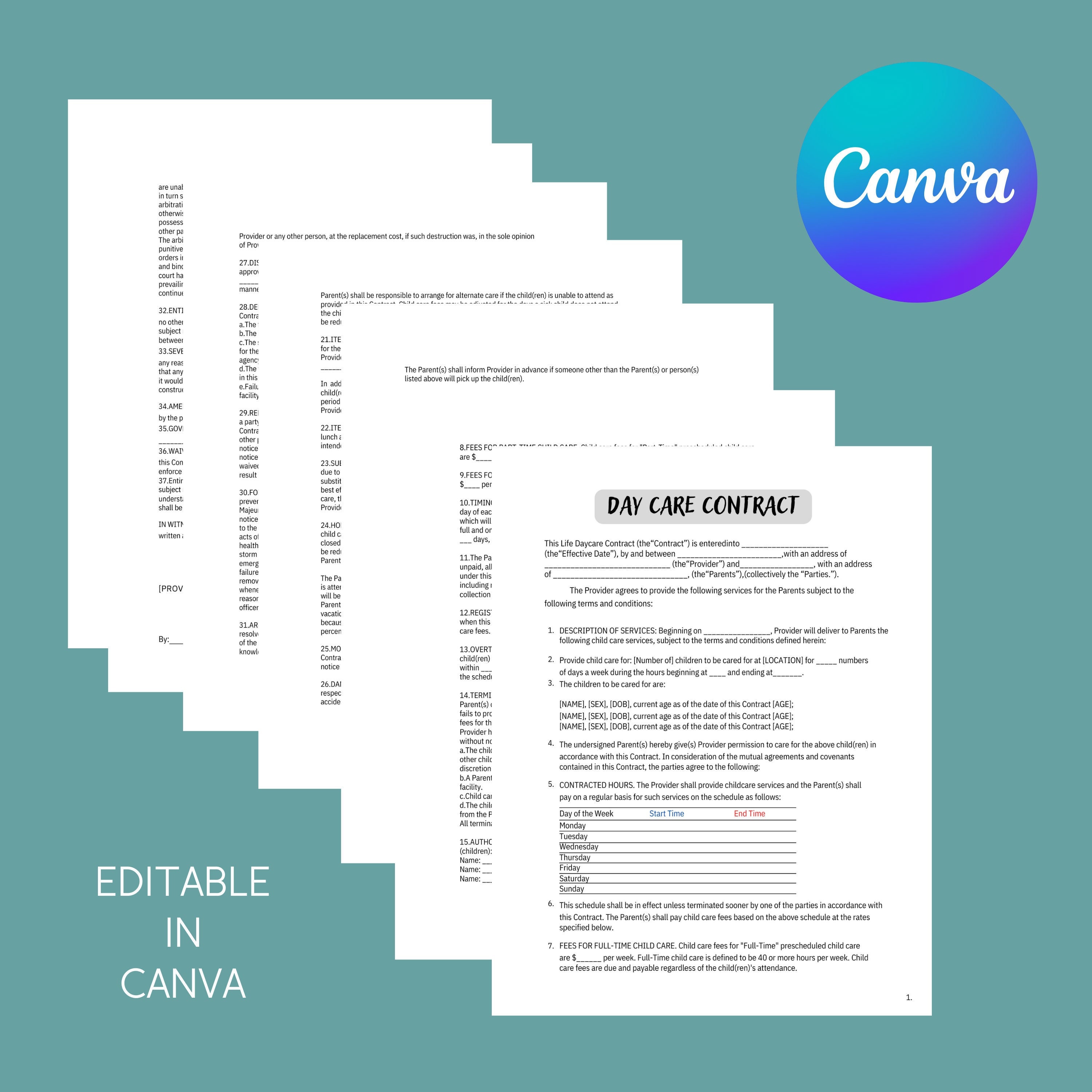 Daycare Contract: Fully Editable Child Care Enrollment Contract ...