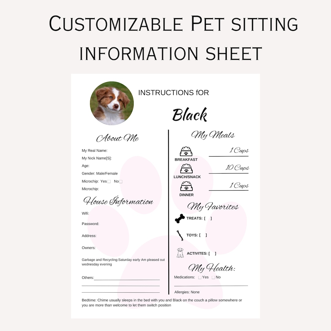 Pet Sitting Information Sheet Canva Template, 1 Dog, Editable, Dog ...