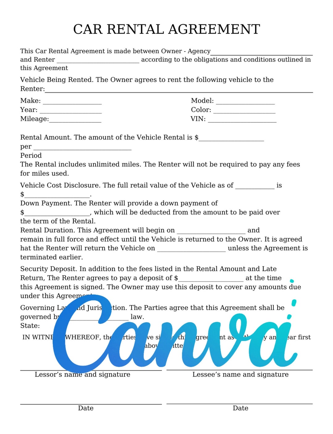 Car Rental Contract Canva Template, PDF, Simple Single Page - Etsy