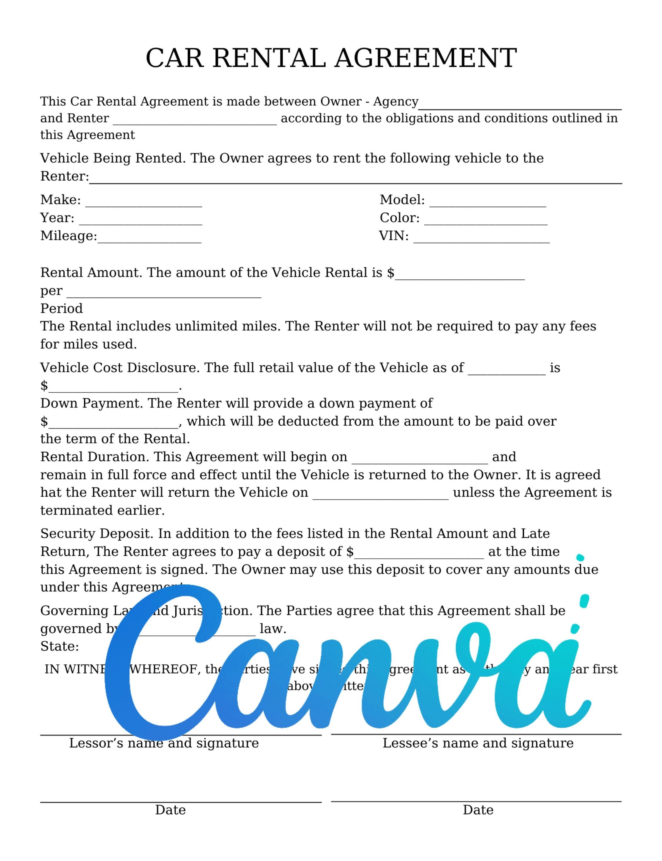 Car Rental Contract Canva Template, PDF, Simple Single Page - Etsy