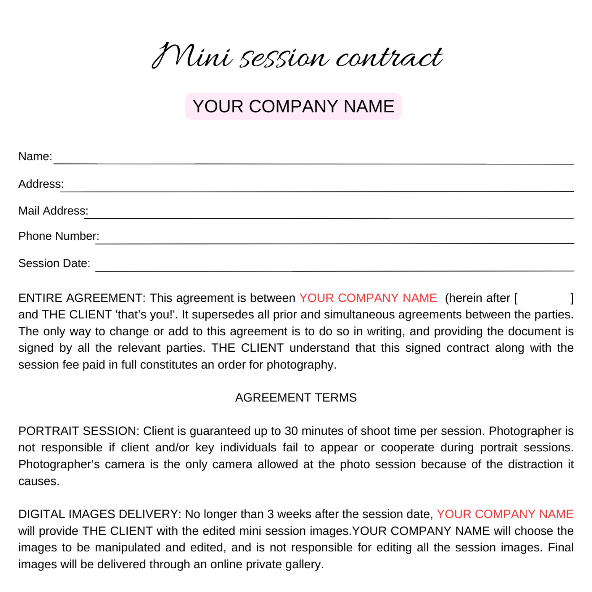 Photography Mini Session Contract Canva Template , EDITABLE Photography ...