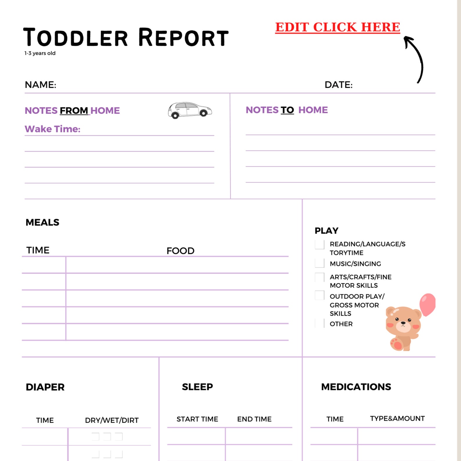 DIY Toddler Report: Daily Toddler Schedule for Nanny, Daycare, In-home ...