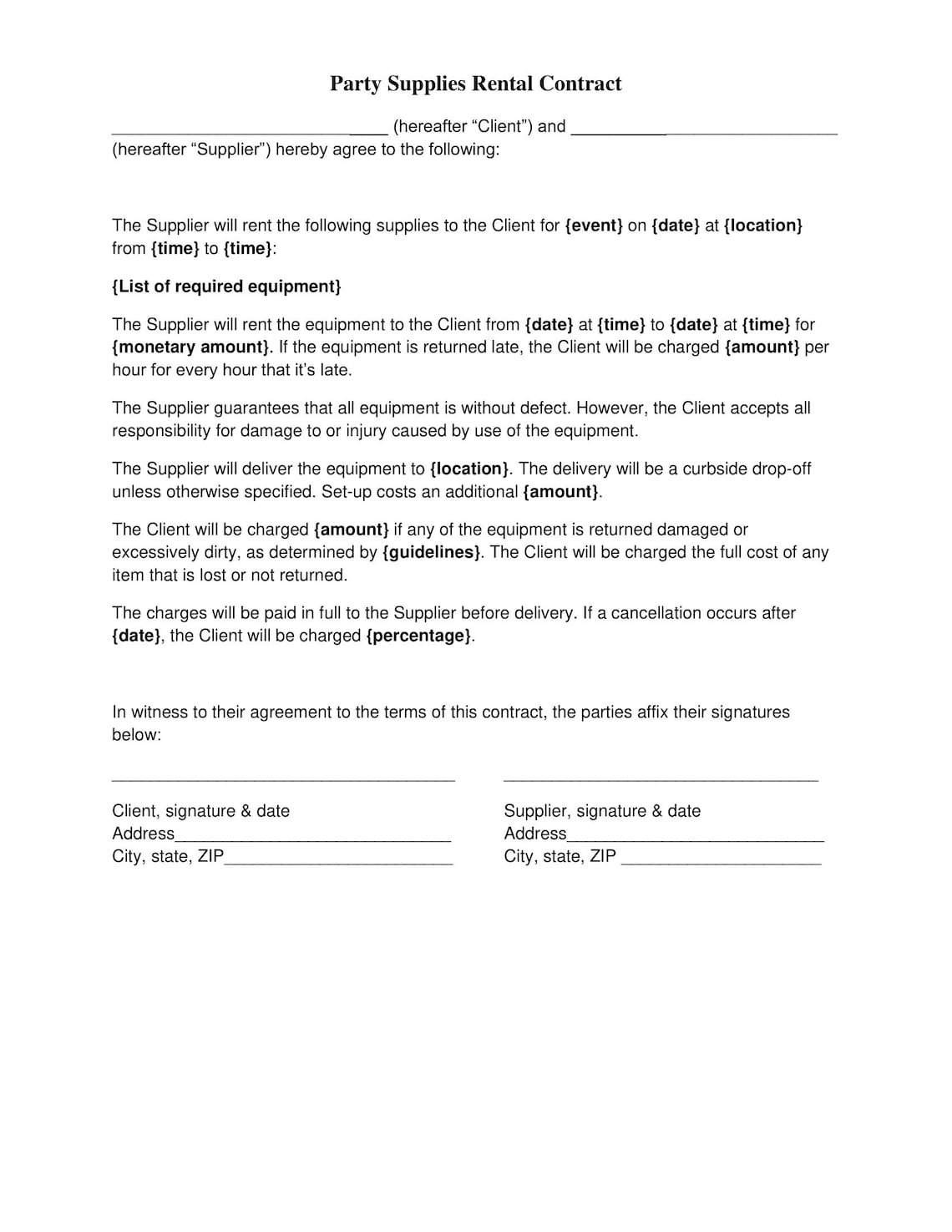 Party Supply Rental Contract Template: Editable Venue Provider Form ...
