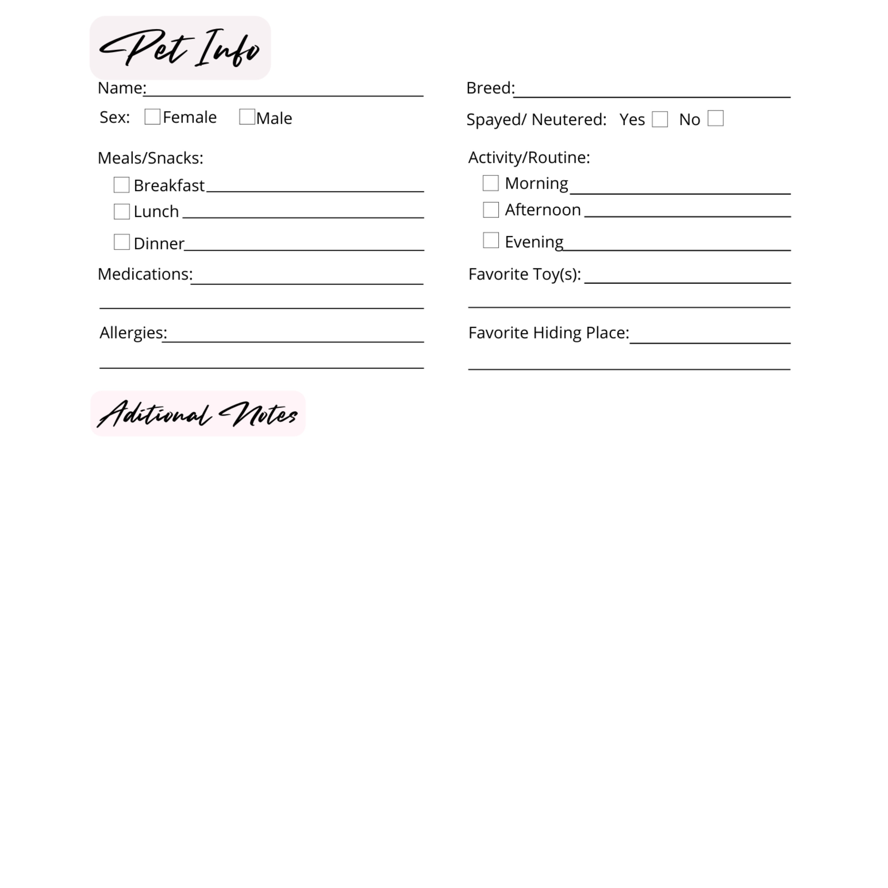 Pet Sitter Notes Printable Canva Template , Owner Info Template, Daily ...